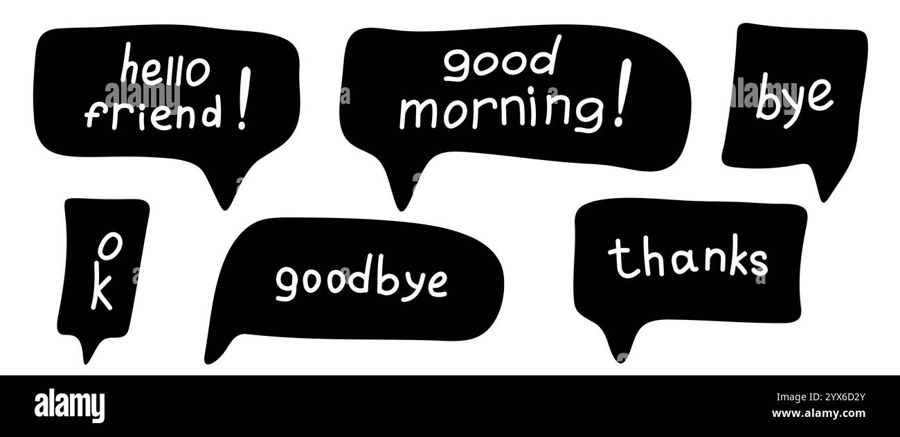Black speech bubbles with hand drawn words and hand written words Stock ...