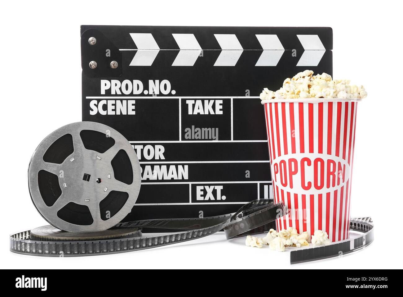 Movie clapper with film reels and popcorn on white background Stock ...