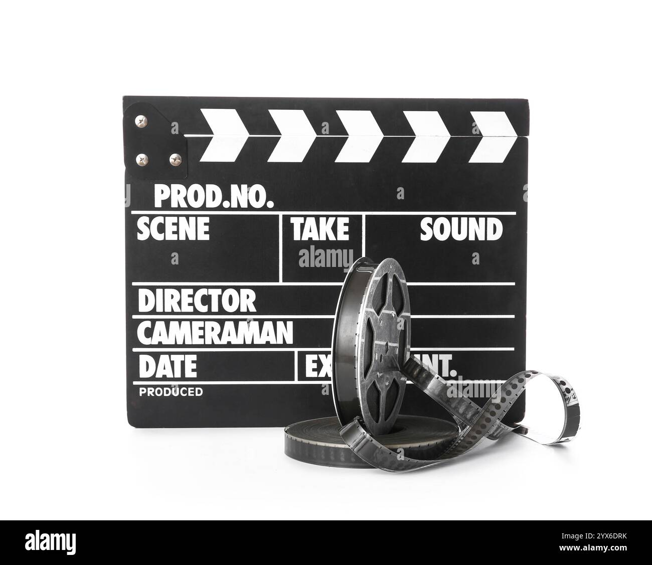 Movie clapper with film reels on white background Stock Photo - Alamy