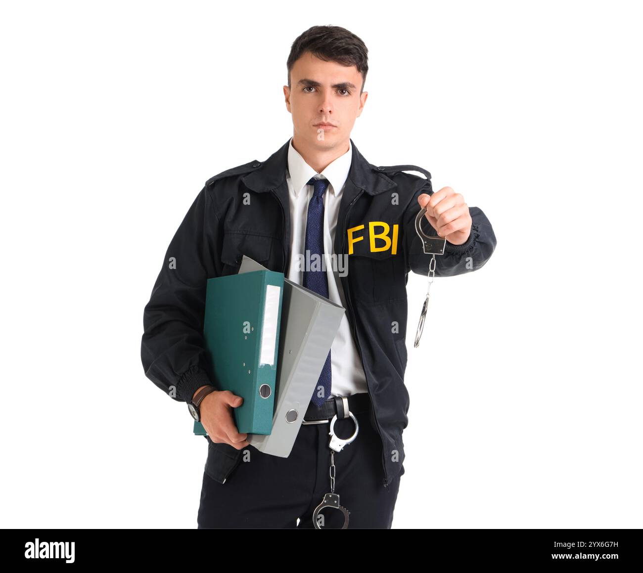 Male FBI agent with folders and handcuffs on white background Stock ...