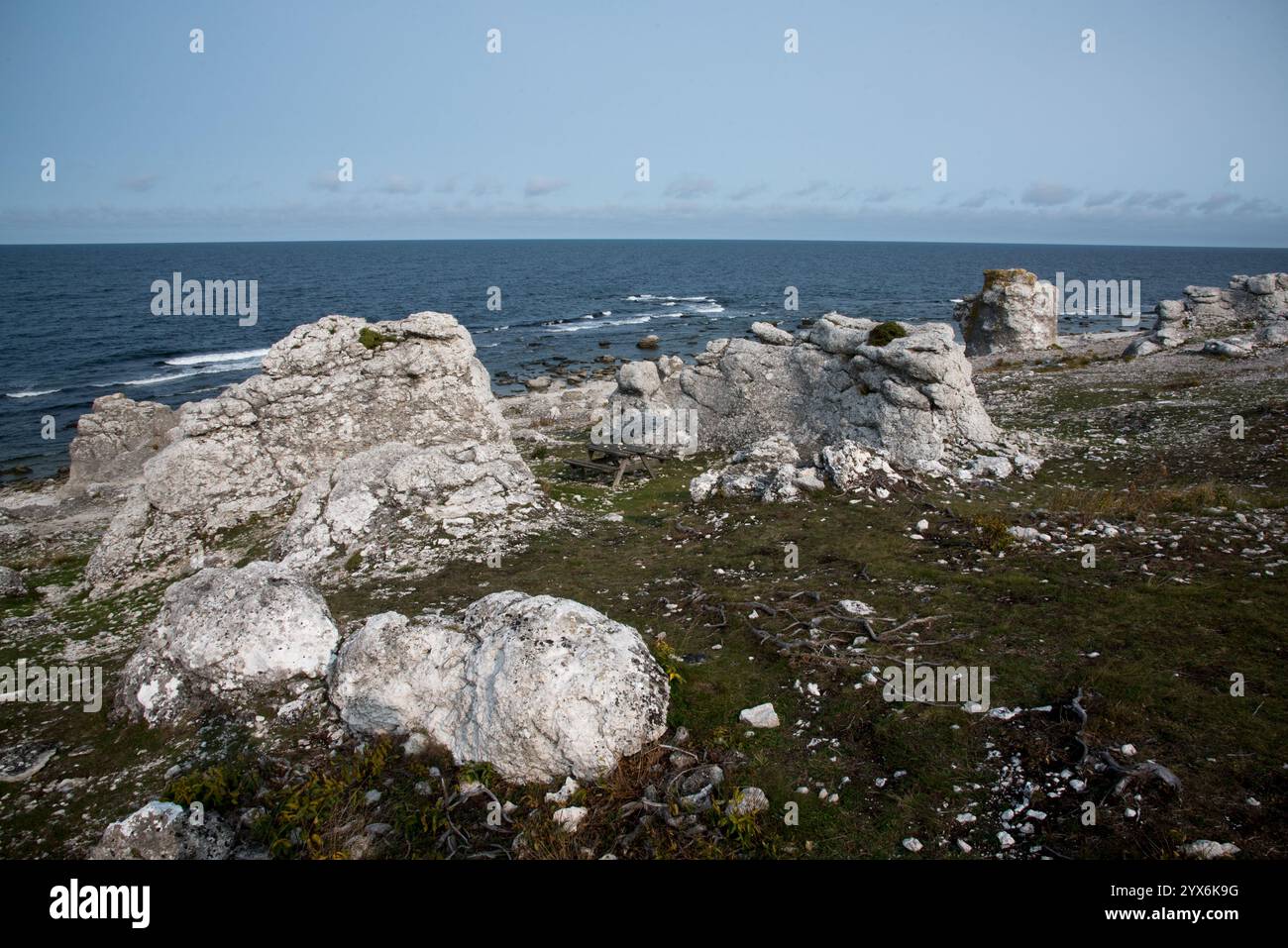 The Limestone cliffs of Langhammars on the island Färö in Gotland ...