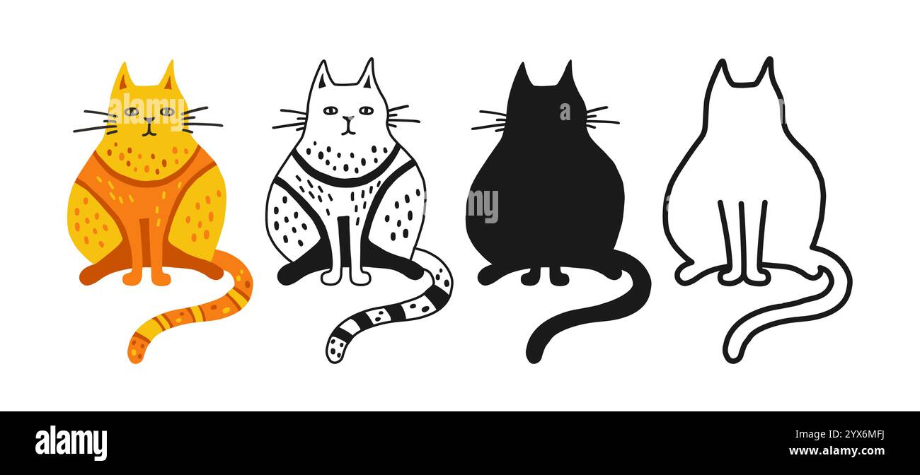 Funny fat cat symbol cartoon set. Abstract hand drawn comic kitten ...