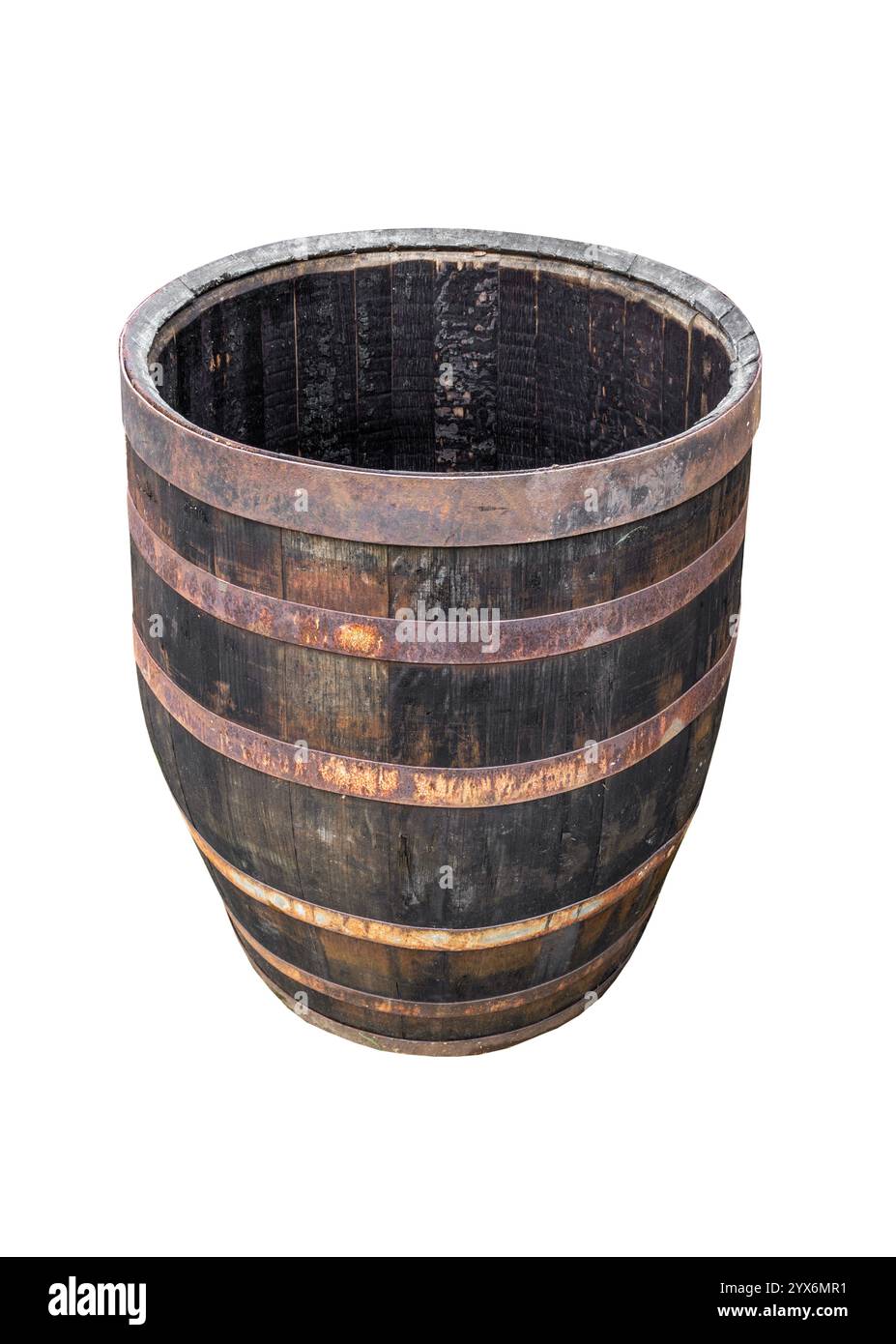 Old weathered wooden barrel with rusty metal bands isolated on a white ...