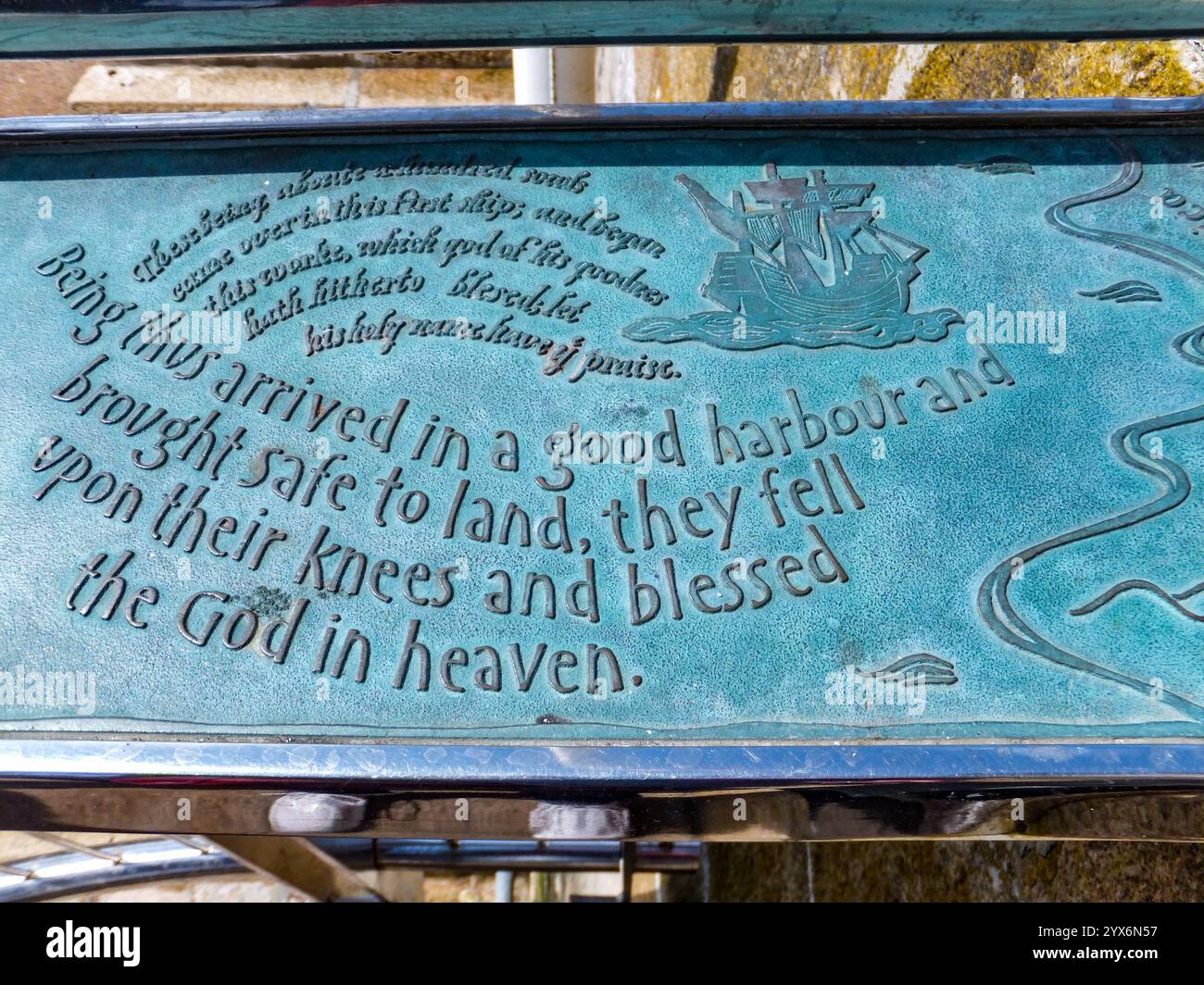 A plaque commemorates the pilgrim's Mayflower voyage at the Mayflower ...