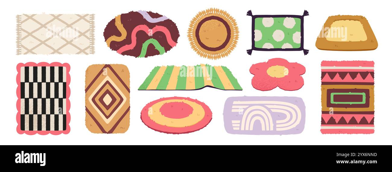 Set of carpets. Icons or stickers with rugs of various shapes, textures ...