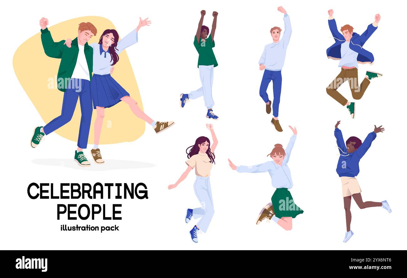 Set of celebrating people. Happy smiling men and women jumping and ...