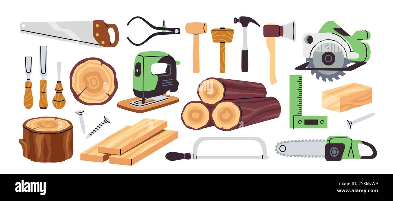 Carpentry items set. Icons with woodworking tools, tree trunks, Chopped ...
