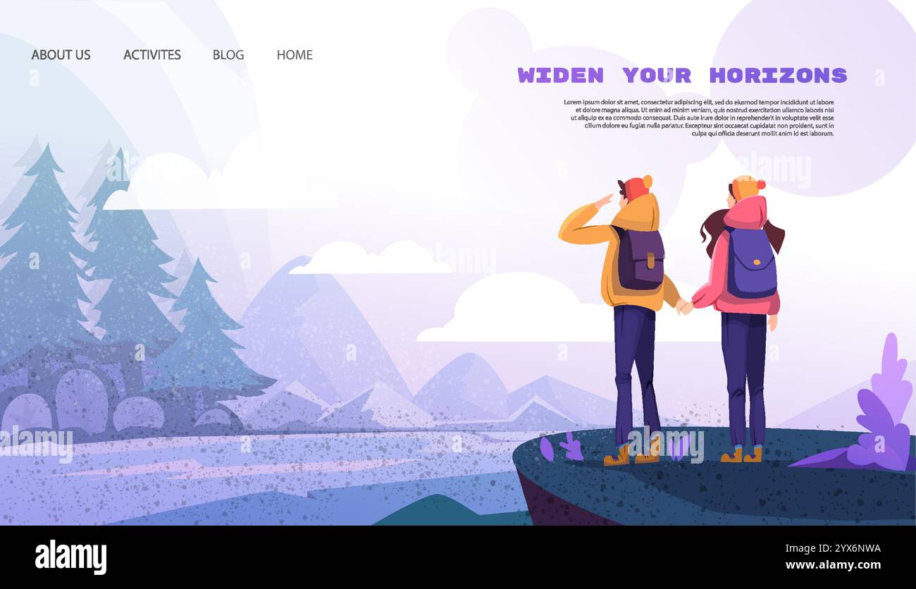 Outdoor recreation landing page. Banner with characters looking at ...
