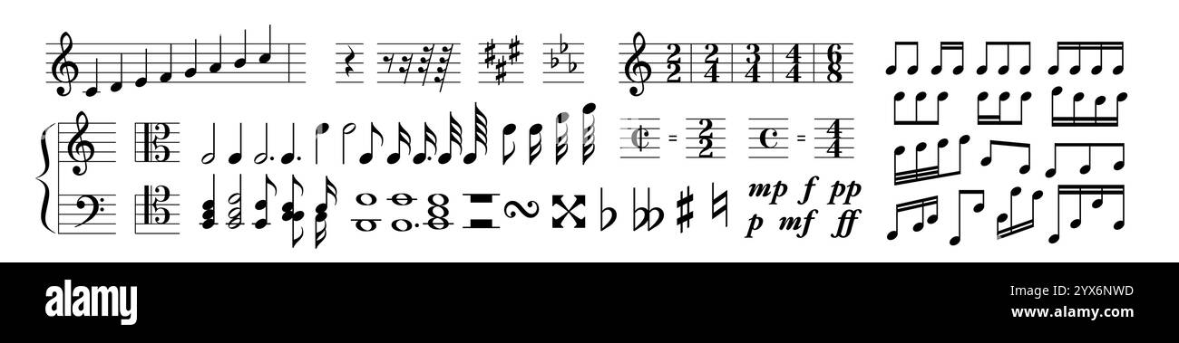 Music notes icon set. Black simple symbols and signs of musical ...
