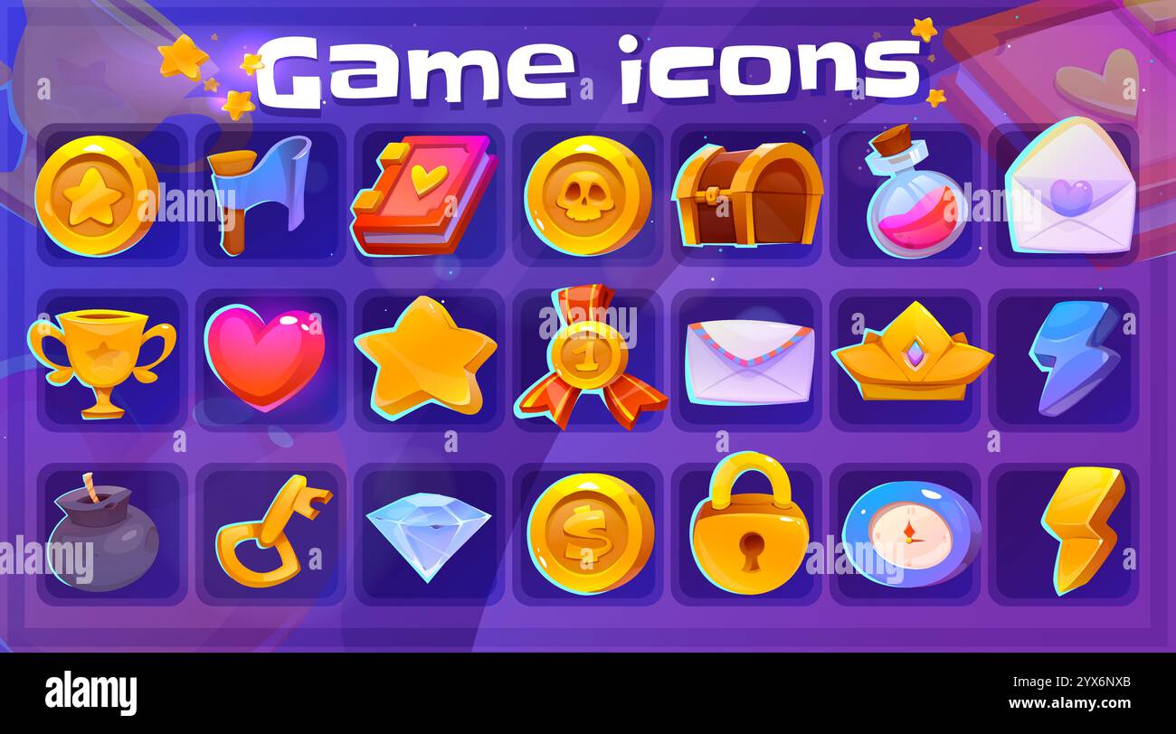 Game icons set. Graphical user interface elements for video game. UI signs with gold coin, chest ...