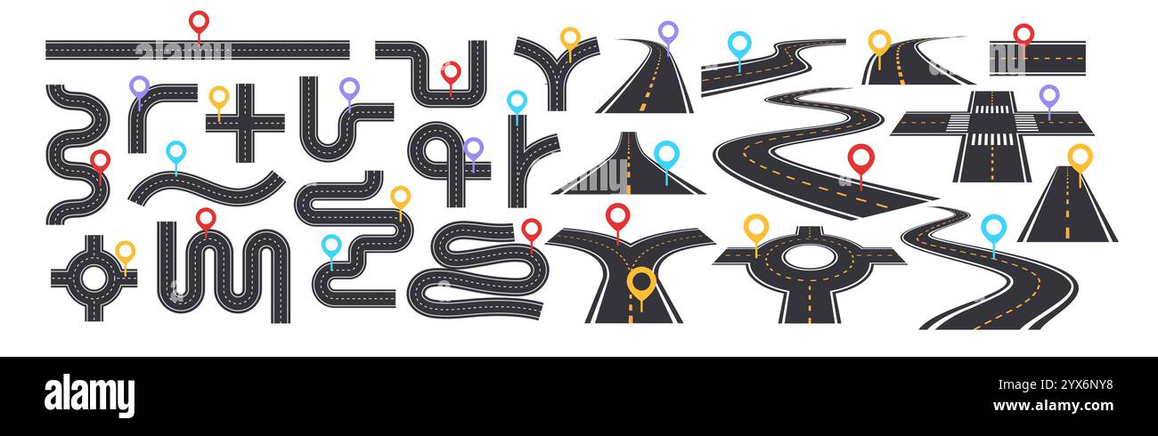 Asphalt road path set. Icons of highways, streets and crossroads with pin marks and traffic ...