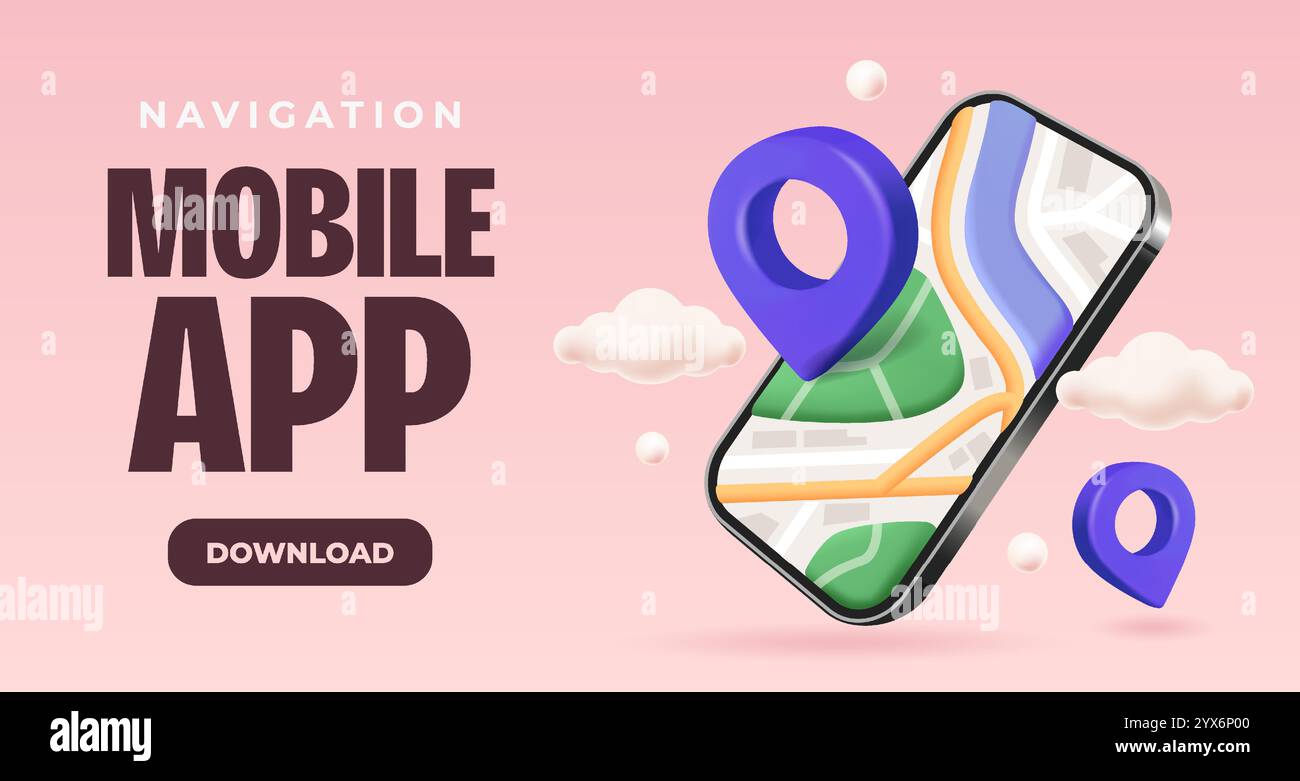 Navigation mobile app. Banner or landing page layout with city map ...
