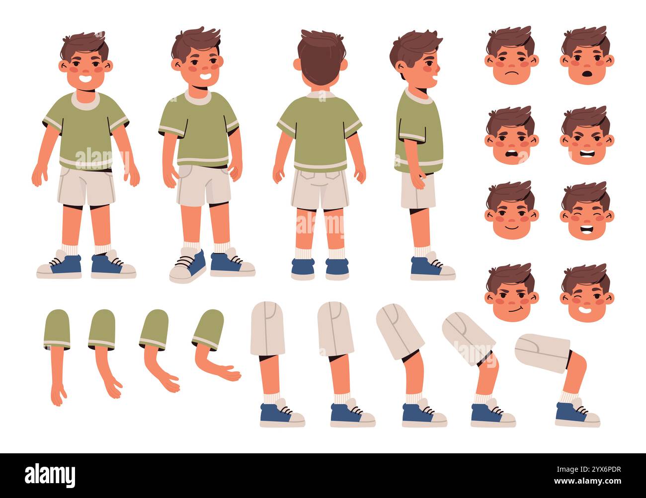 Character animation set. Little teenage boy with different facial ...