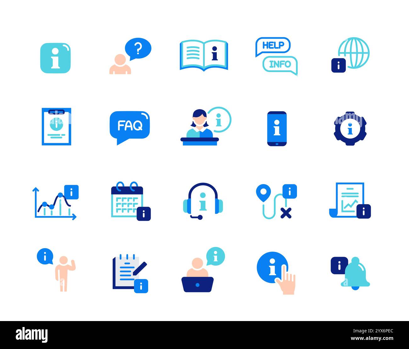 Info center icons set. Colorful signs with Guidebook, Call center ...