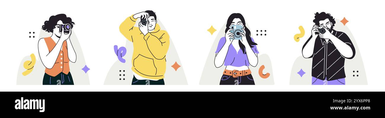 Set of photographers. Happy men and women with cameras taking photos or ...