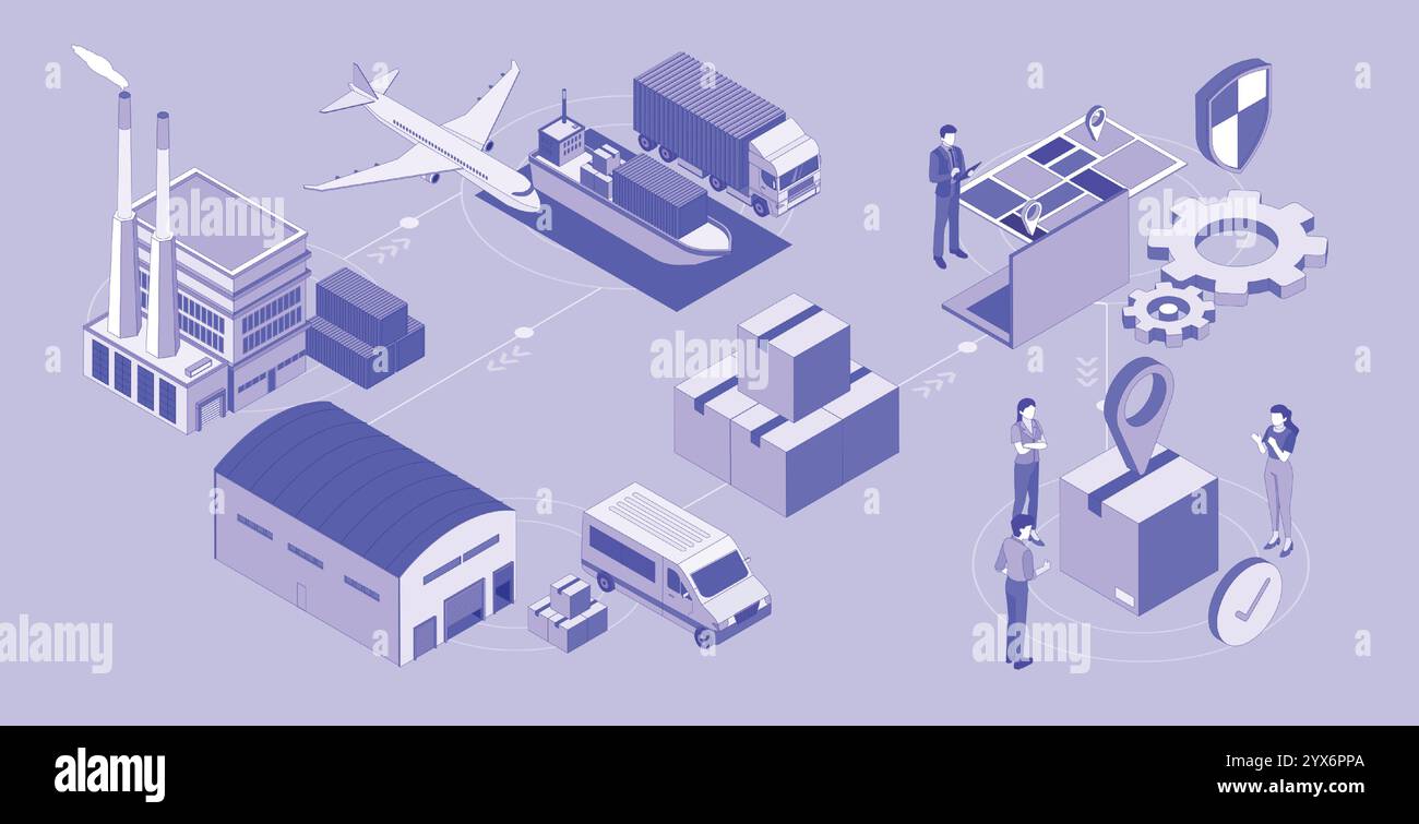 Supply chain. Banner with stages of global logistics and trade ...