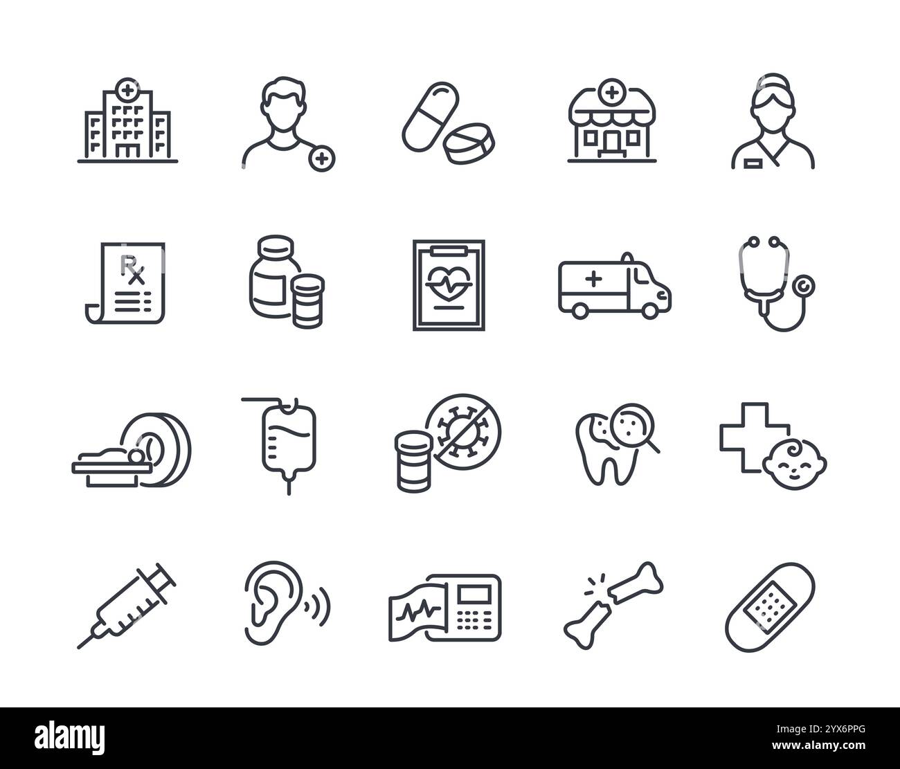 Healthcare Line Icons Set. Simple symbols related to medicine. Hospital ...
