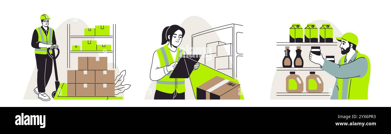 Stock management. Set of scenes of warehouse workers in uniform ...