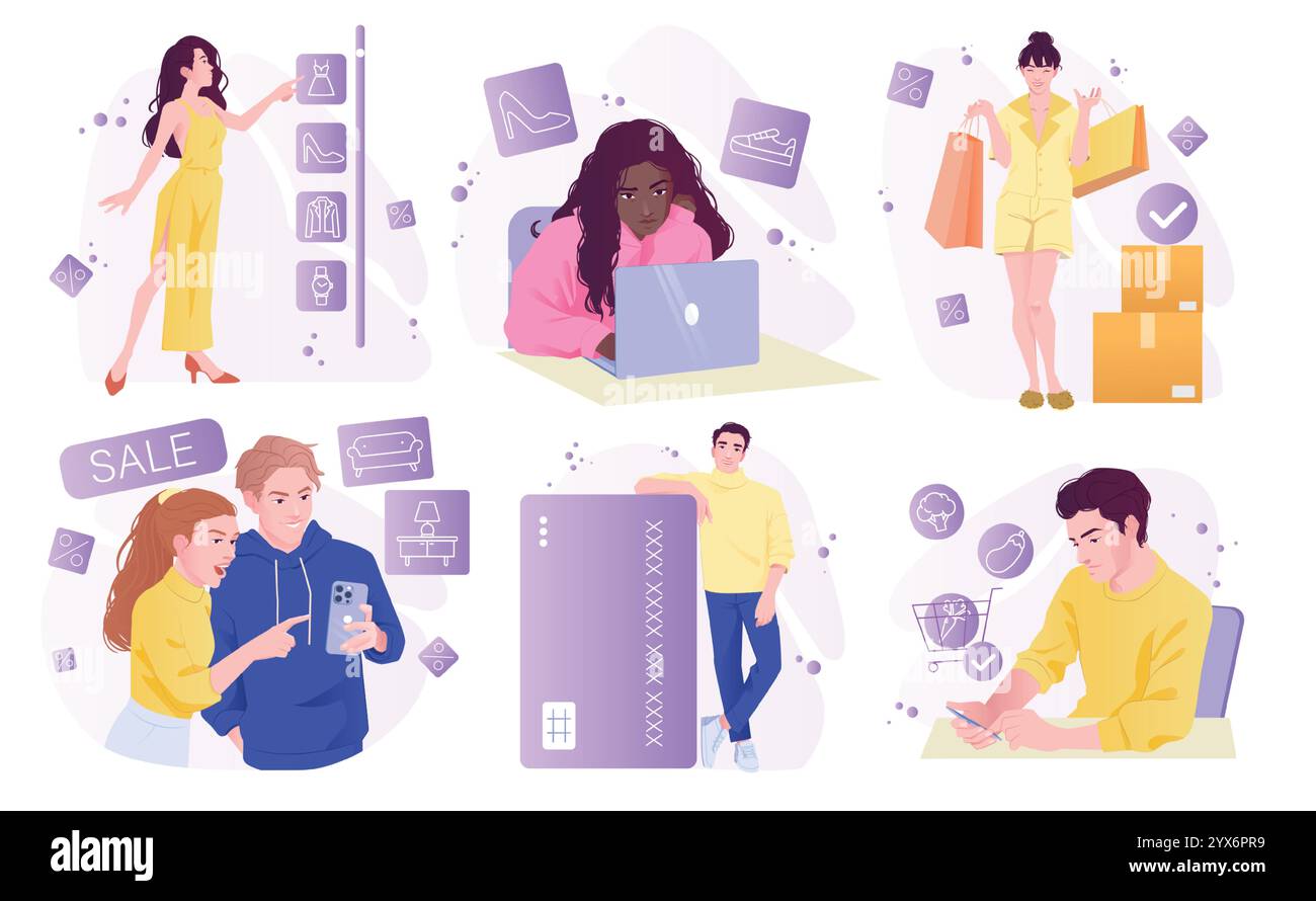 Online shopping. Set of scenes with men and women making purchases in ...