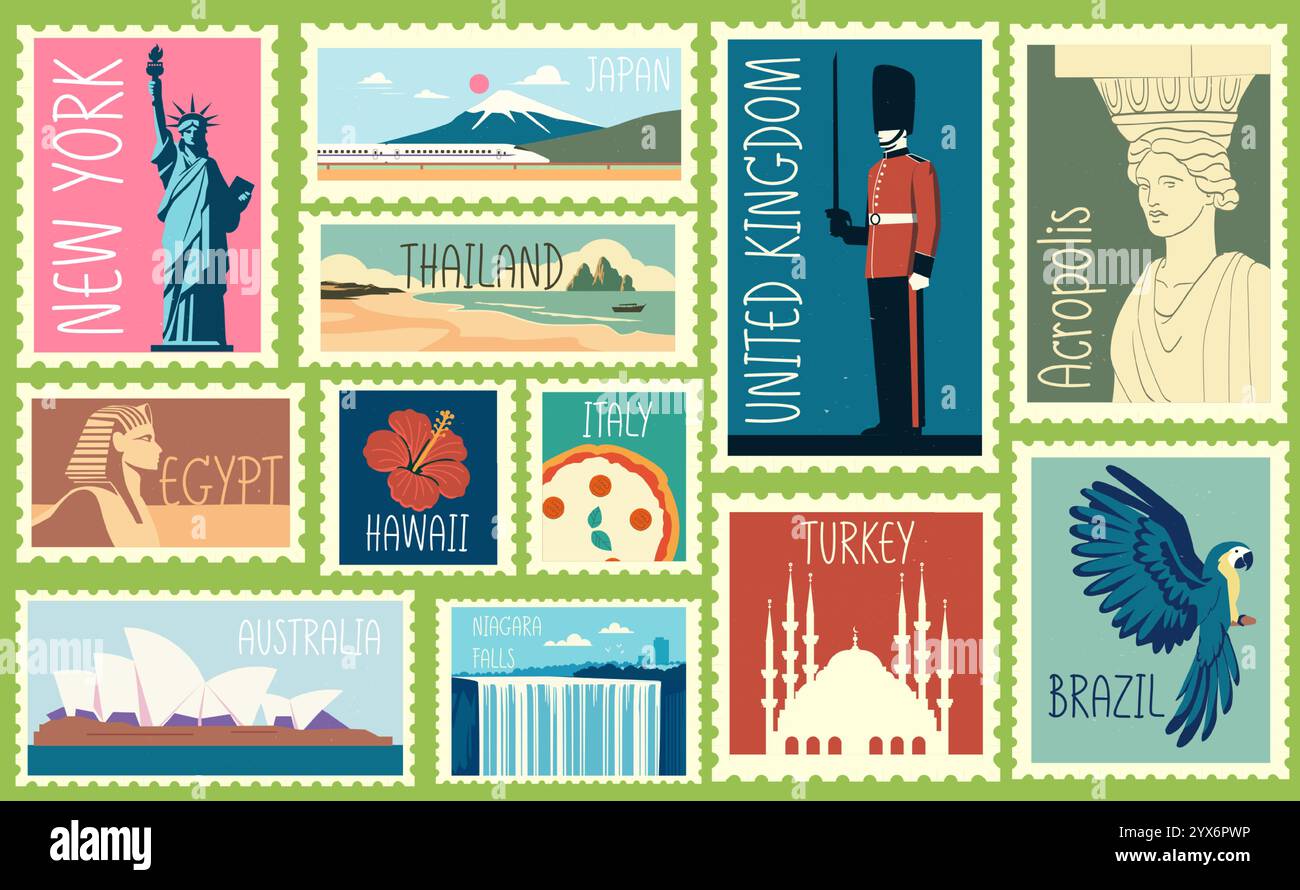 Set of travel post stamp. Famous landmark mail postmark. Postal ...