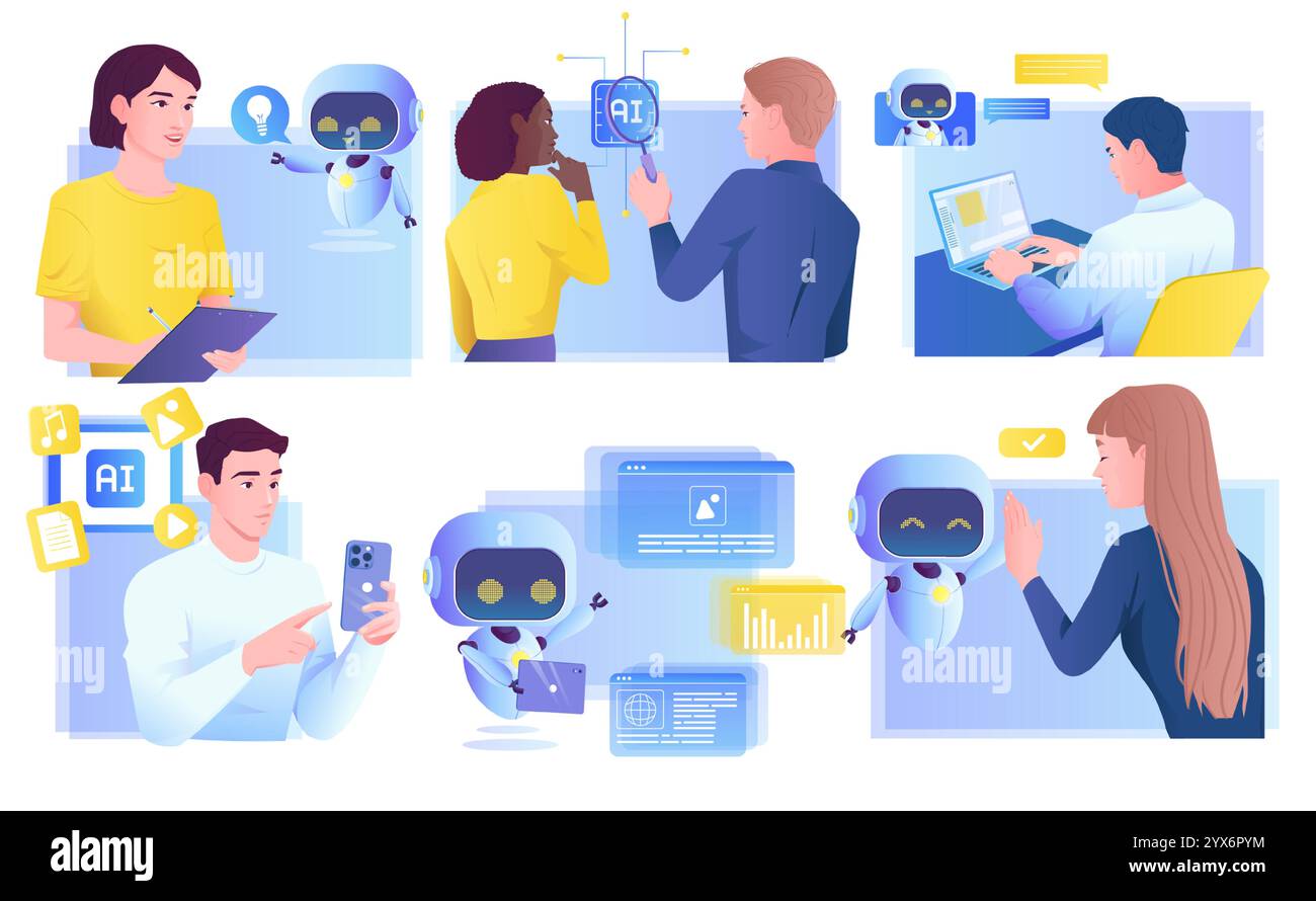 People interact with ai apps. Set of scenes with men and women using ...