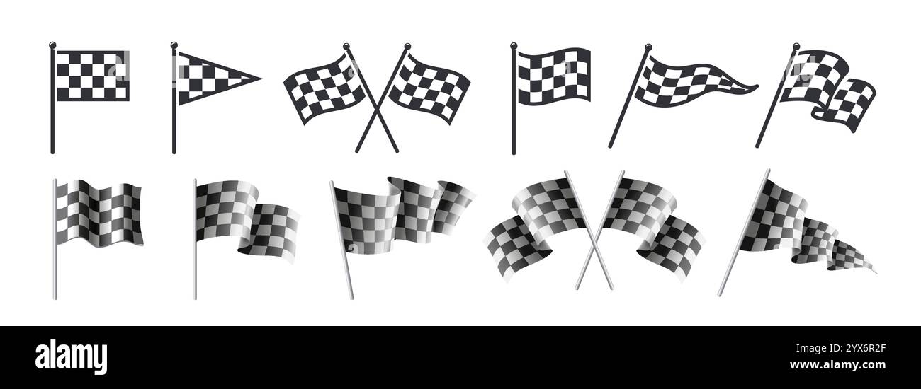 Racing flag icon set. Flat and realistic waving checkered flags for sports competitions, racing ...