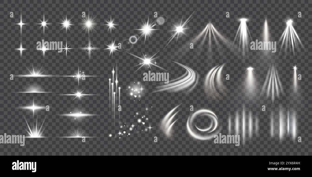 Set of lighting effects. Ray, flash, radiance, beam, sparkle and glow ...