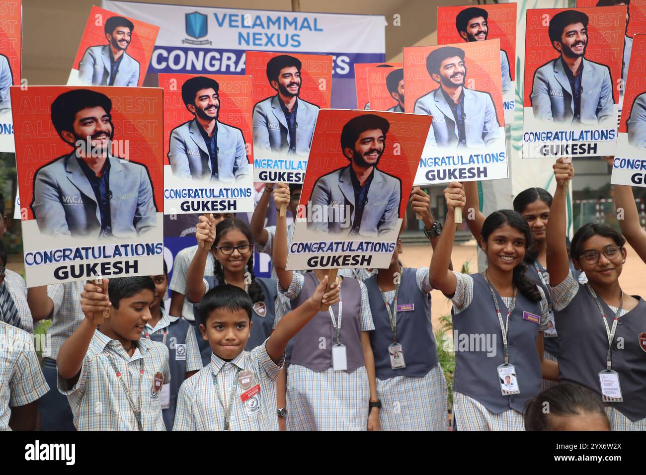 Chennai School students celebrating Gukesh Dommaraju (born 29 May 2006 ...