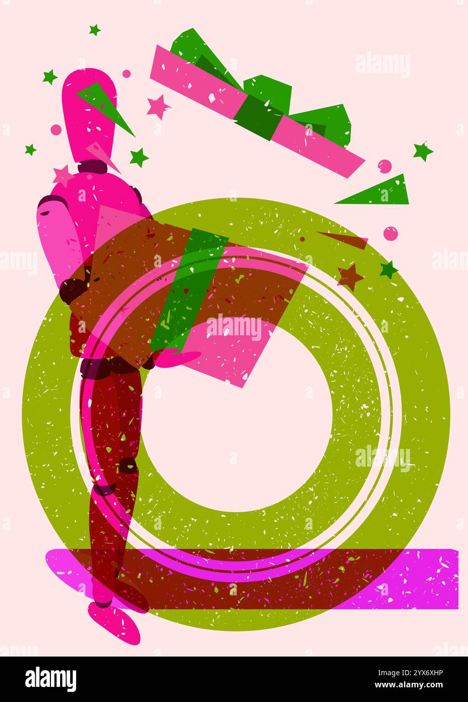 Risograph wooden puppet holding gift box with geometric shapes. Objects ...