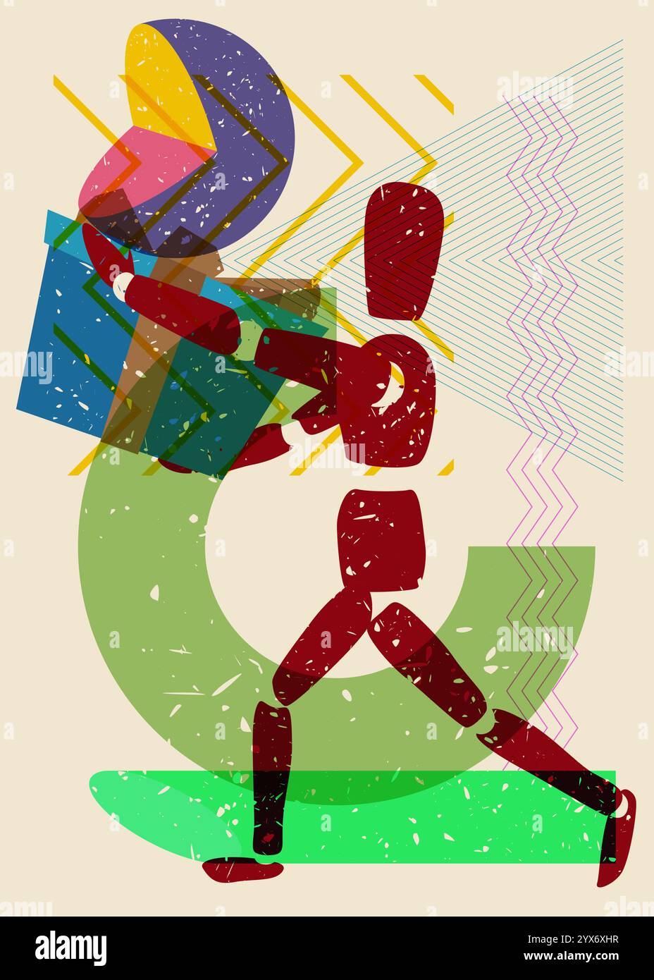 Risograph wooden puppet holding gift box with geometric shapes. Objects ...