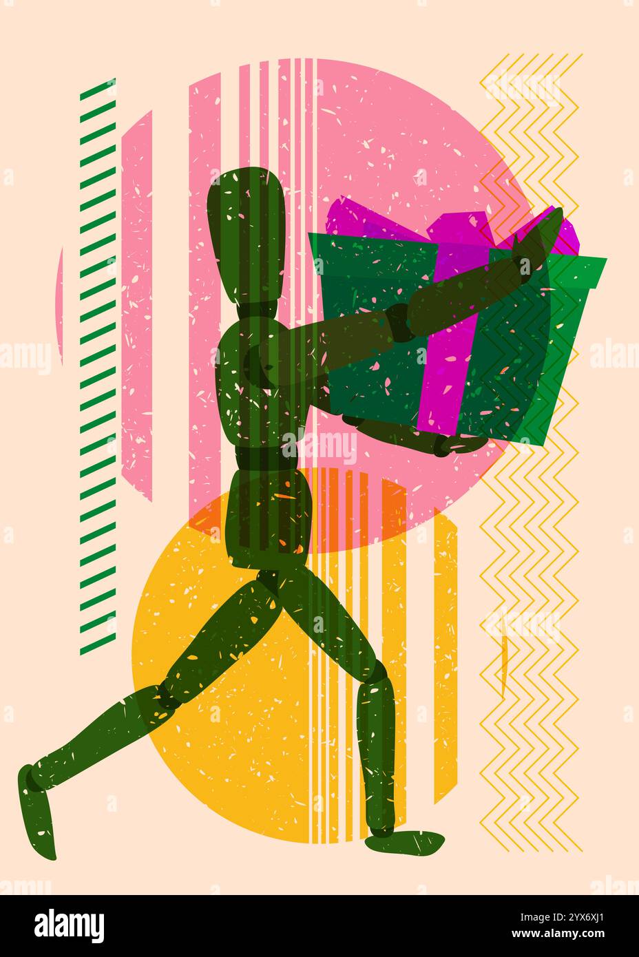 Risograph wooden puppet holding gift box with geometric shapes. Objects ...