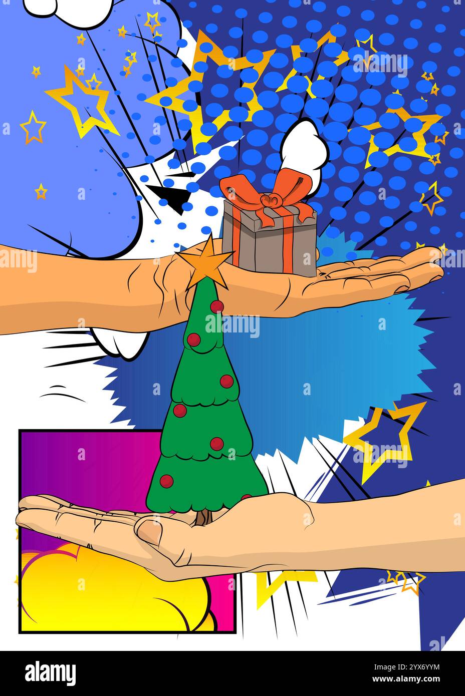 Cartoon, comic book human hands holding Gift Box and Christmas ...