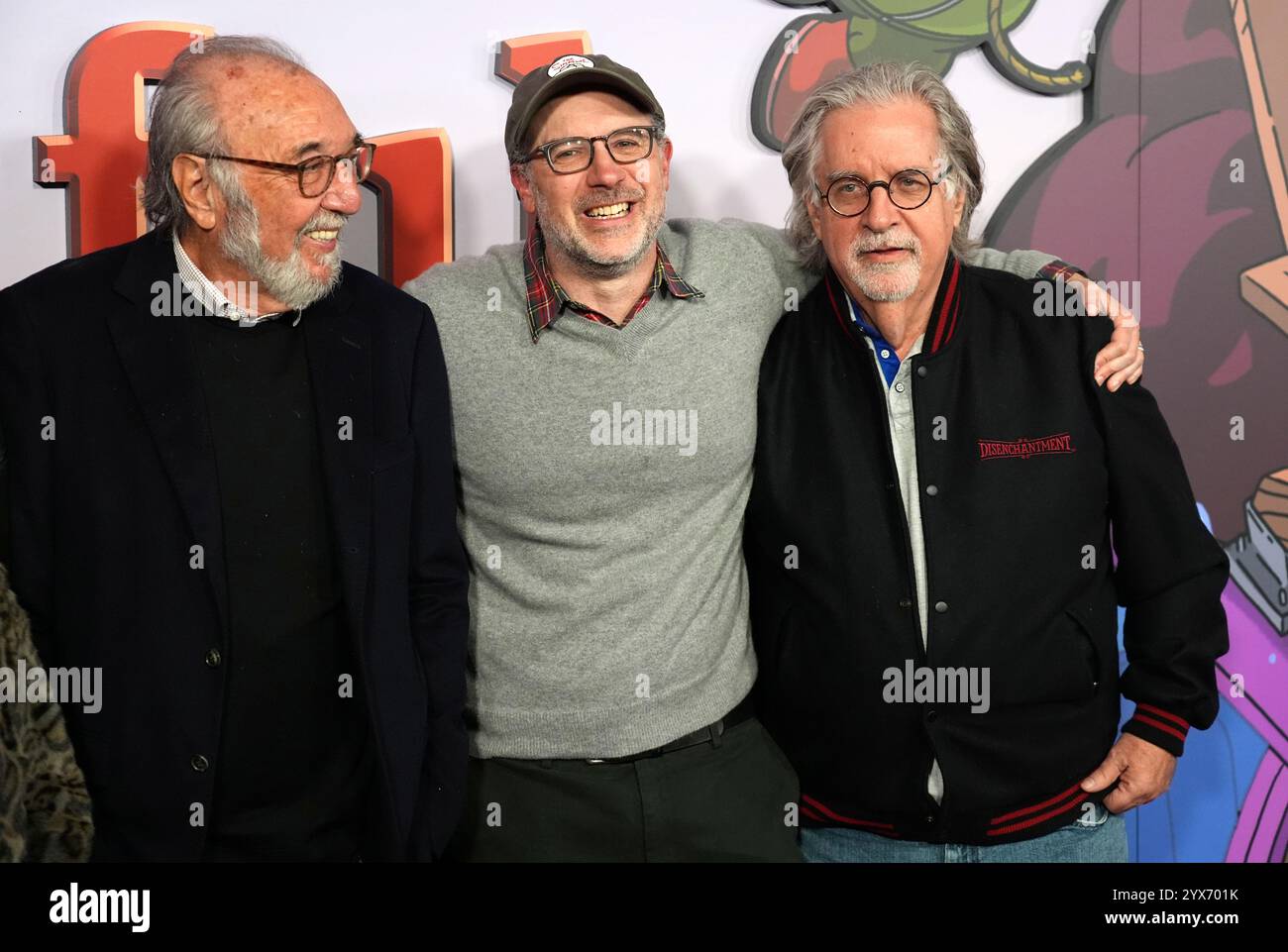 From left, James L. Brooks, Matt Selman and Matt Groening pose together ...