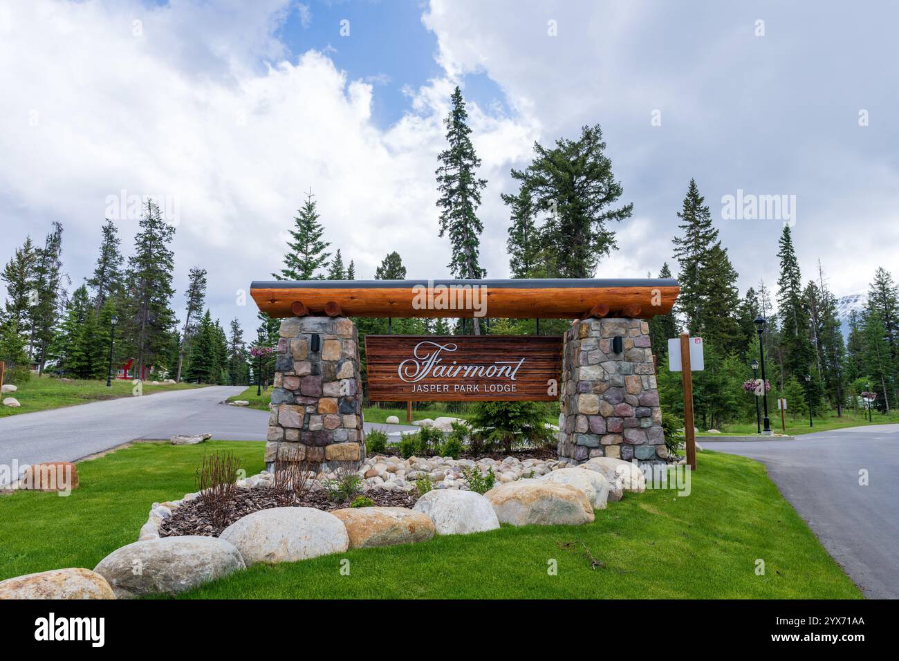 Alberta, Canada - June 8 2021 : Entrance of Fairmont Jasper Park Lodge ...