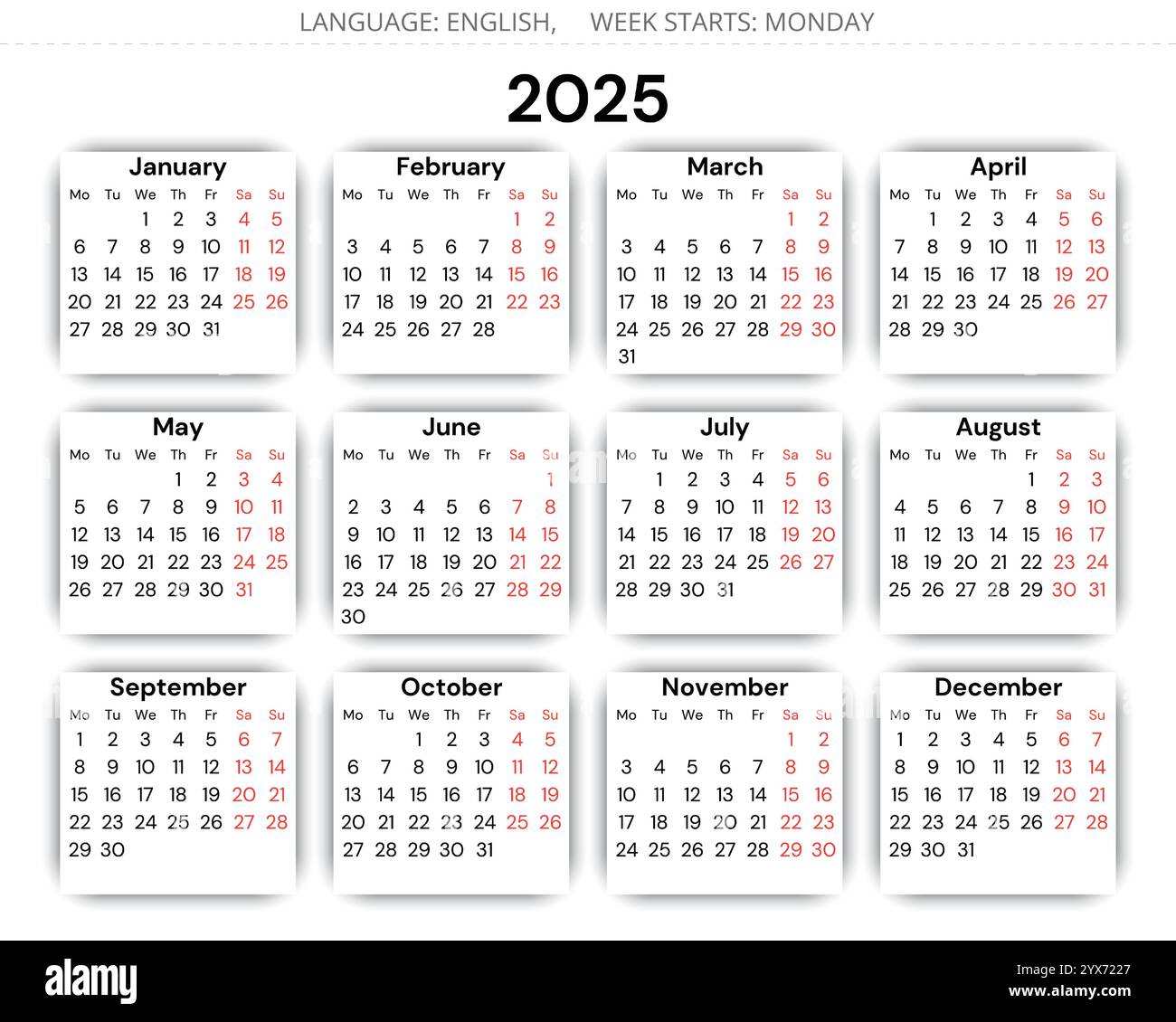 2025 year english calendar with 12 months with shadow. Vector ...