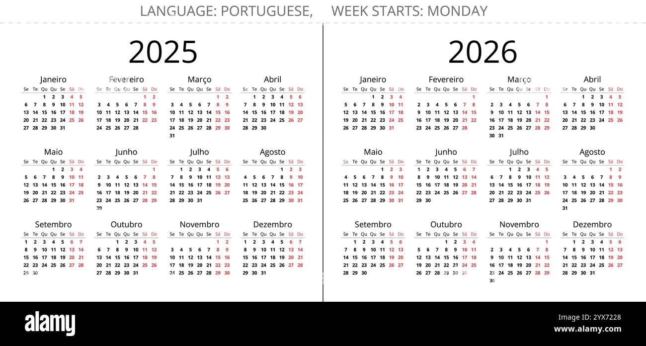 2025 and 2026 years portuguese calendars. Vector illustration set for ...