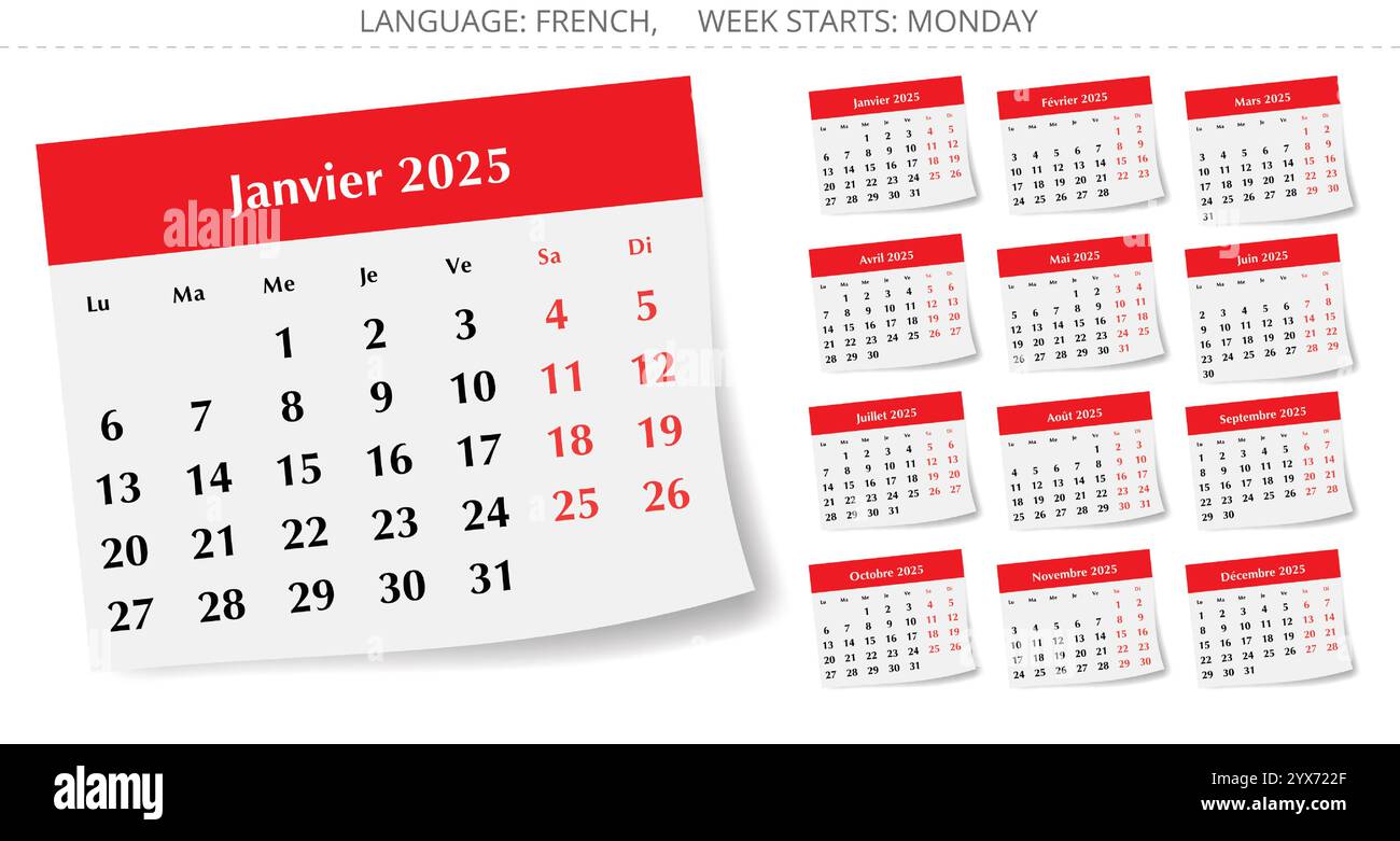 2025 year french calendar. 12 vector paper pages with shadow ...