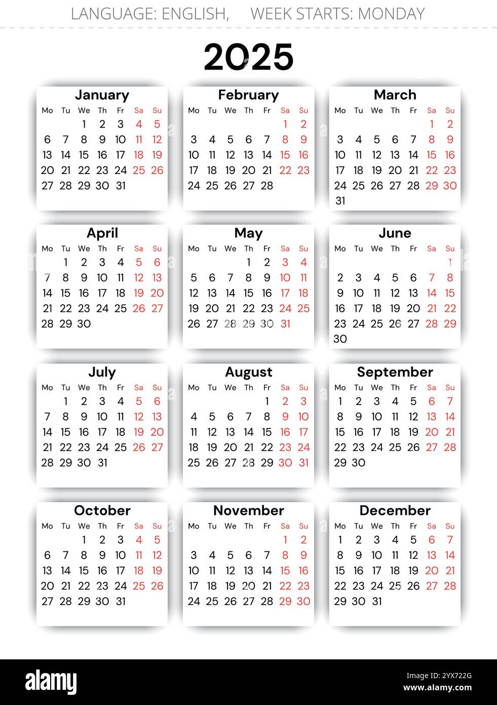 2025 year english calendar with 12 months with shadow. Vector ...