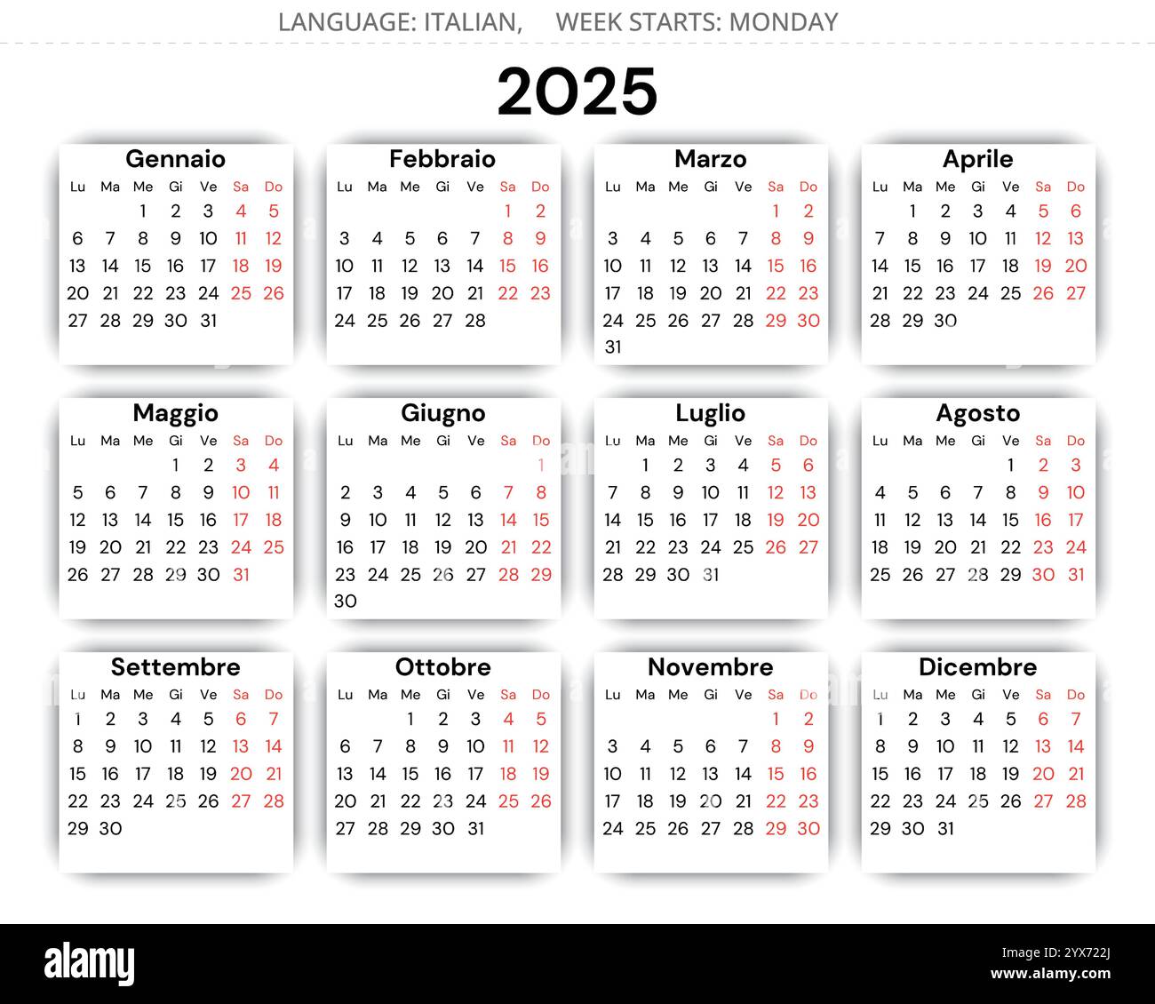 2025 year Italian calendar. 12 month with shadow. Vector illustration ...