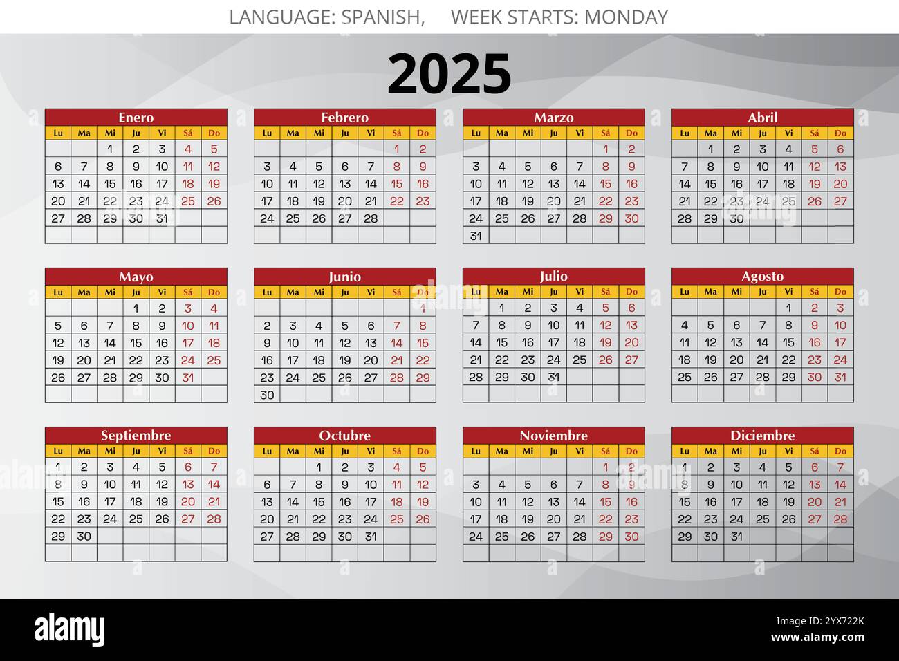 Spanish 2025 year calendar. Modern vector illustration in Spain flag ...