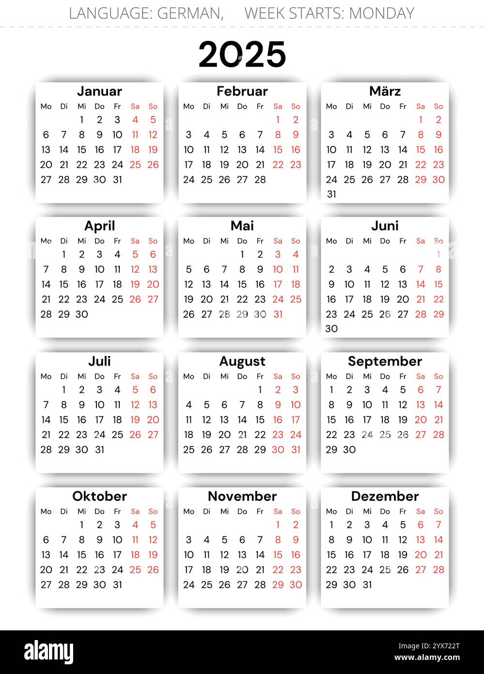 German calendar 2025: Planner for year with vector illustrations of ...