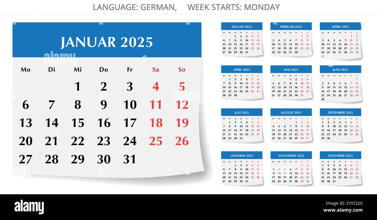 2025 german calendar collection with 12 months. Vector illustration set ...