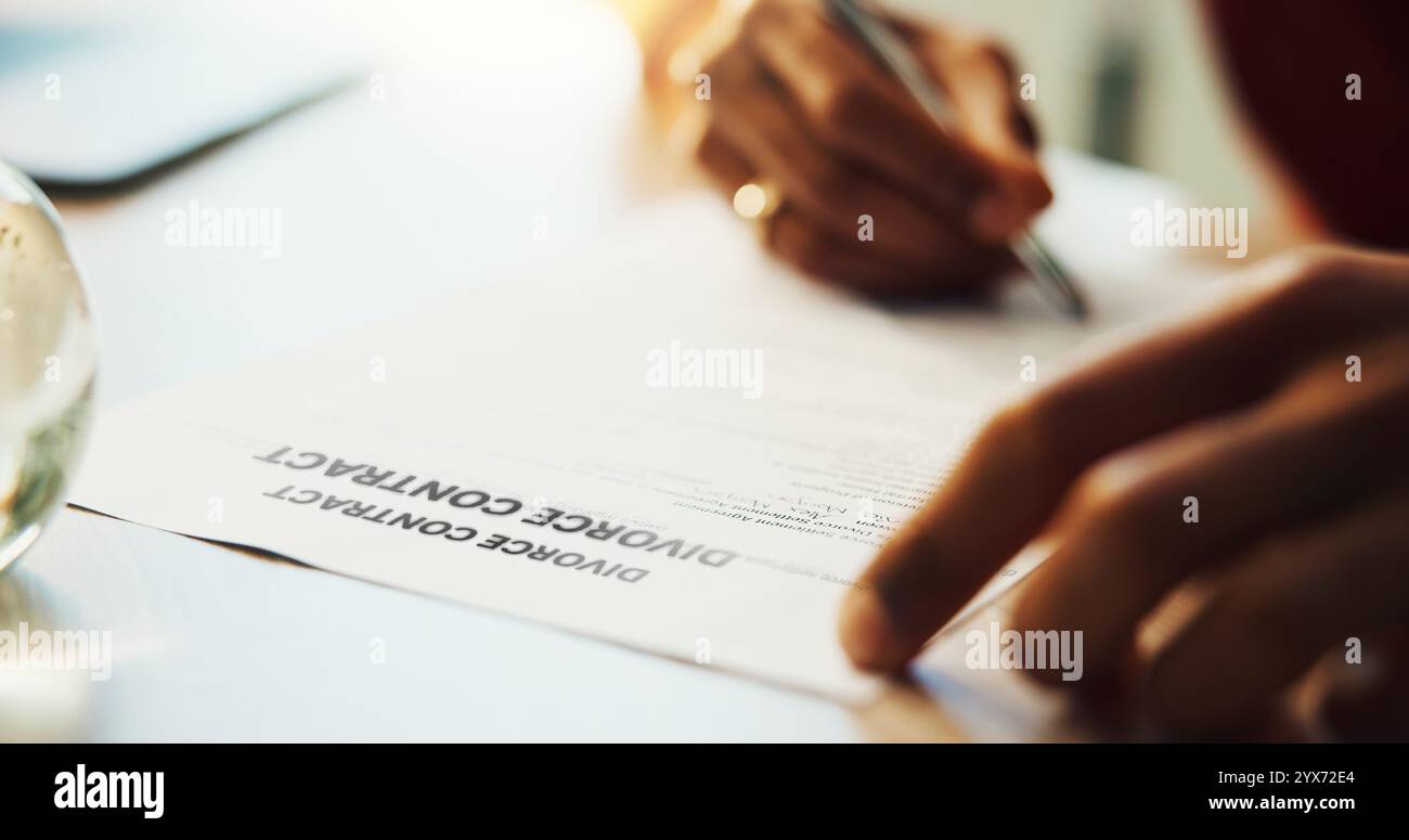 Hands, person and divorce contract with signature on document ...