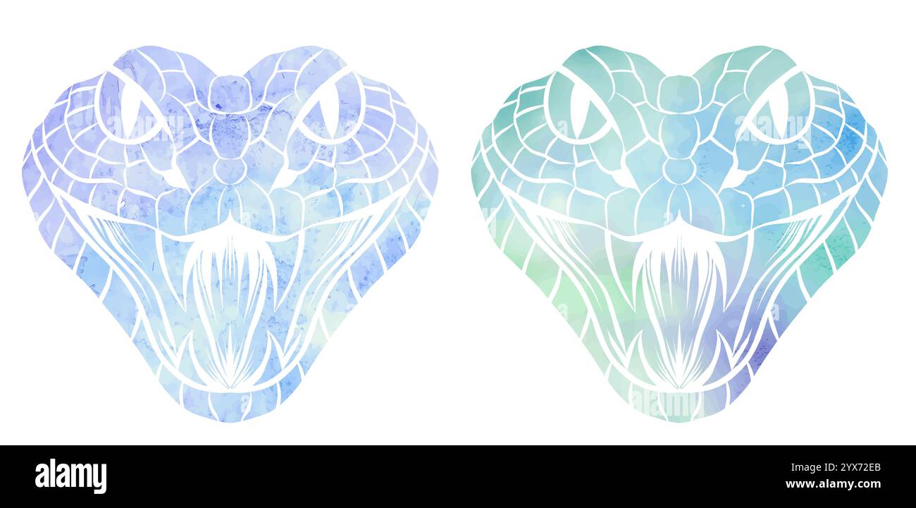Vector set of watercolor clip arts of evil snake heads isolated from ...
