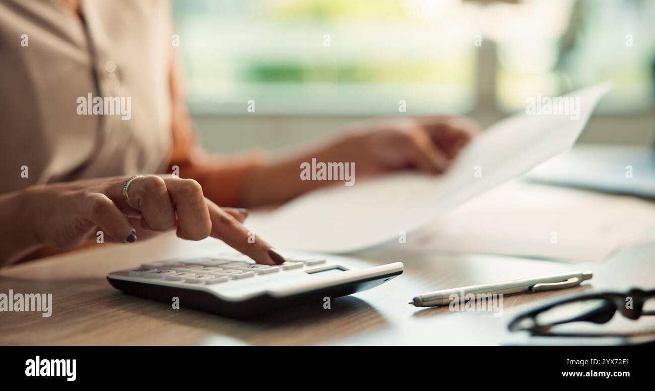 Person, documents and hands calculator for finance payments, mortgage ...