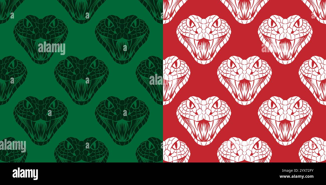Vector set of seamless pattern with silhouette of evil snake on red and ...