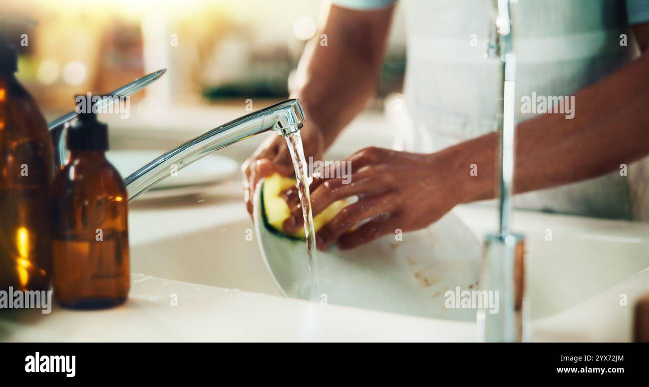 Man, hands and washing dishes in kitchen for responsibility, dirt ...