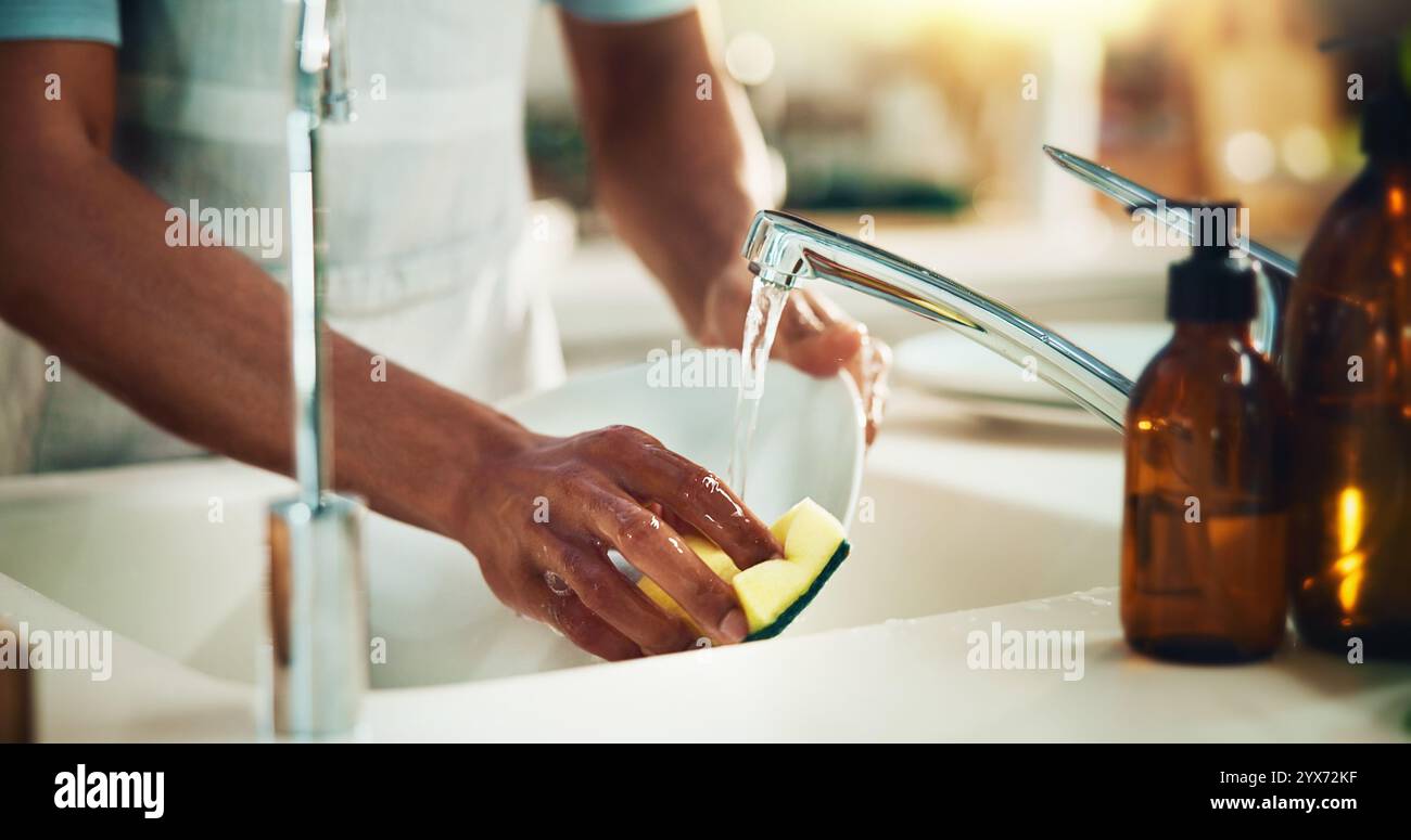 Person, hands and washing dishes in kitchen for responsibility, dirt ...