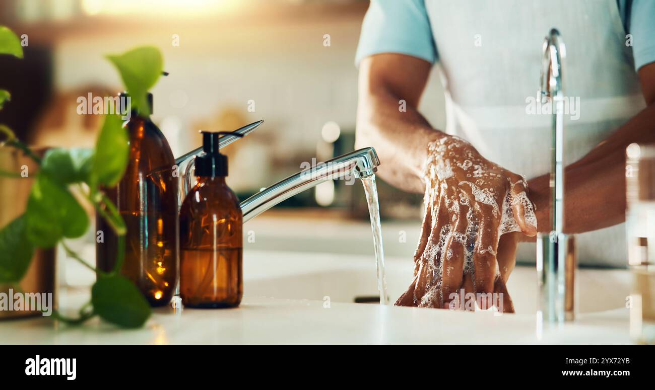 Kitchen, soap and washing hands for hygiene, wellness and health for ...