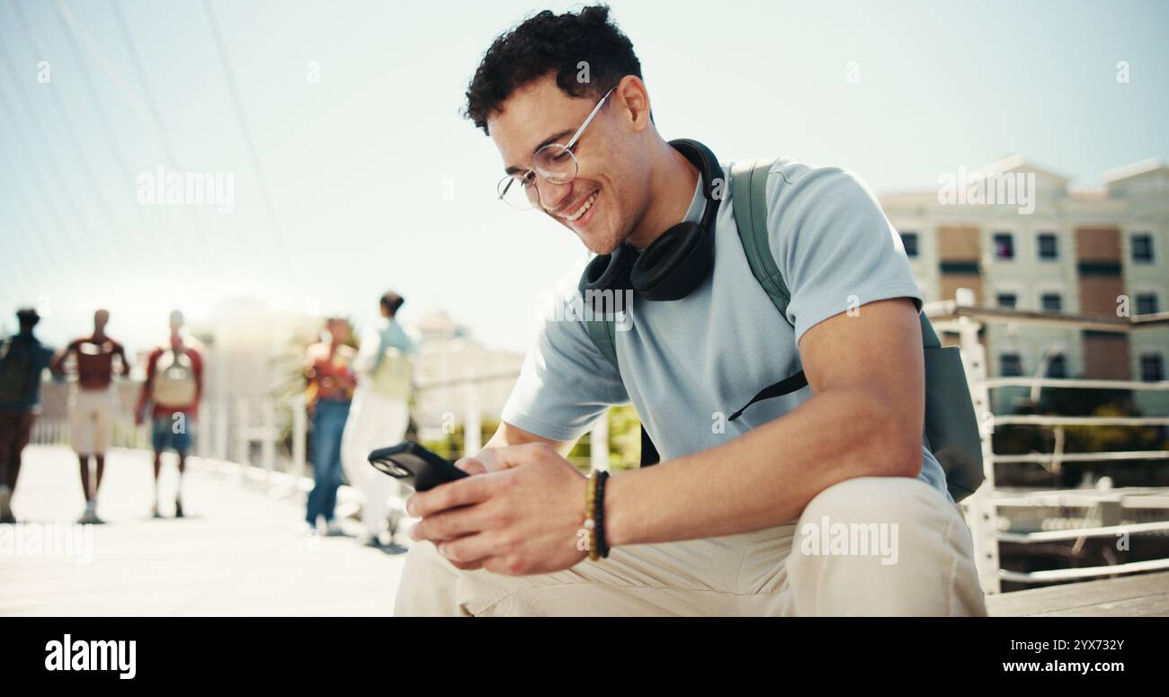 Mobile, happy student and man at college outdoor for schedule, learning ...